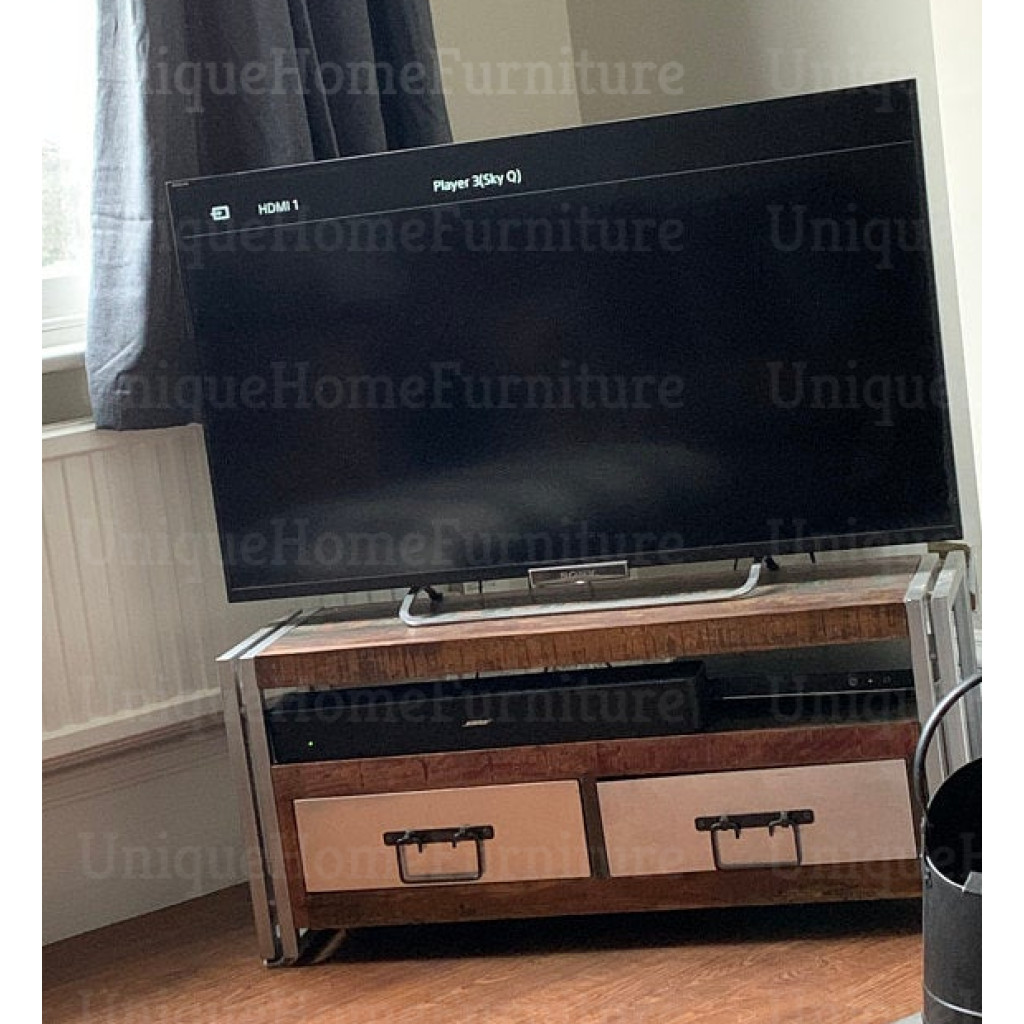 Industrial TV Stand Vintage Cabinet Rustic Metal Solid Wood Unit Small ...