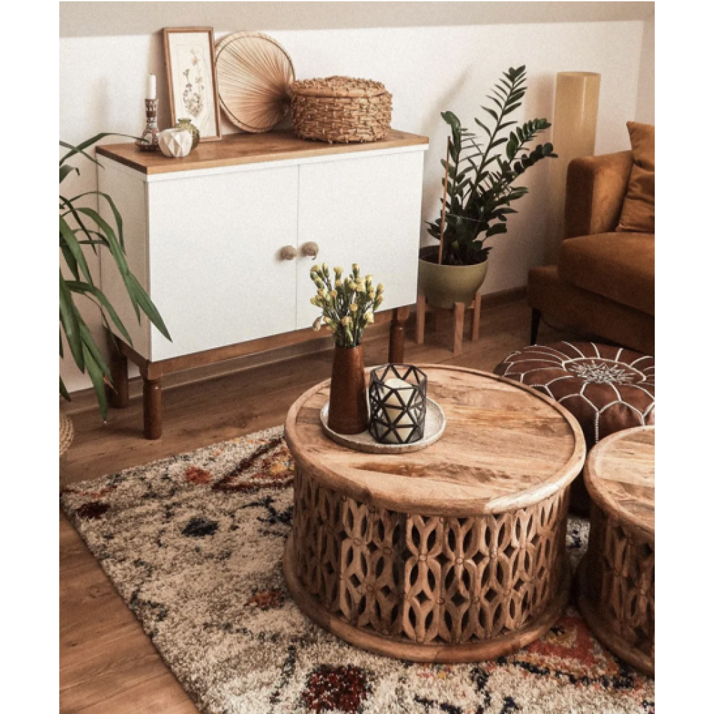 Indian Coffee Table Round Vintage Furniture Set 2 Side End Tables ...