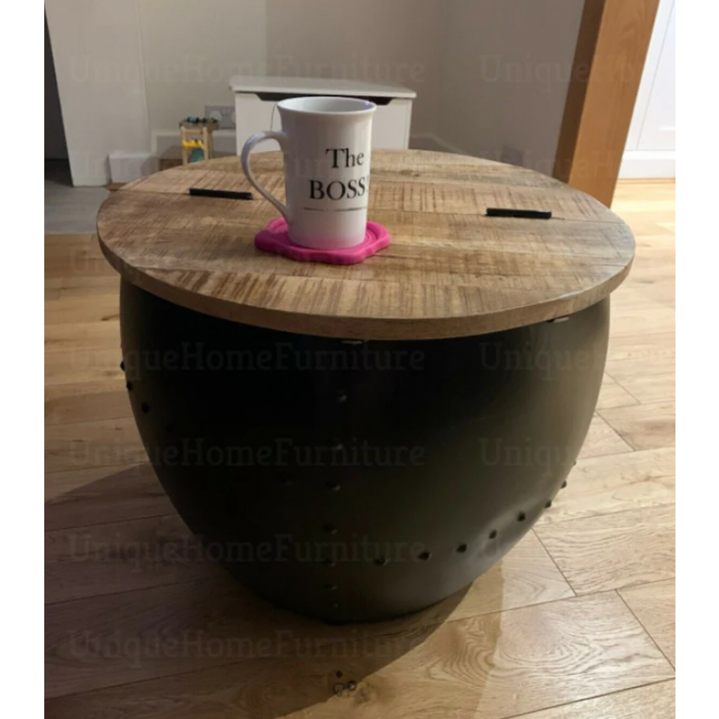 Industrial Coffee Table Rustic Round Metal Storage Solid Mango Wood ...