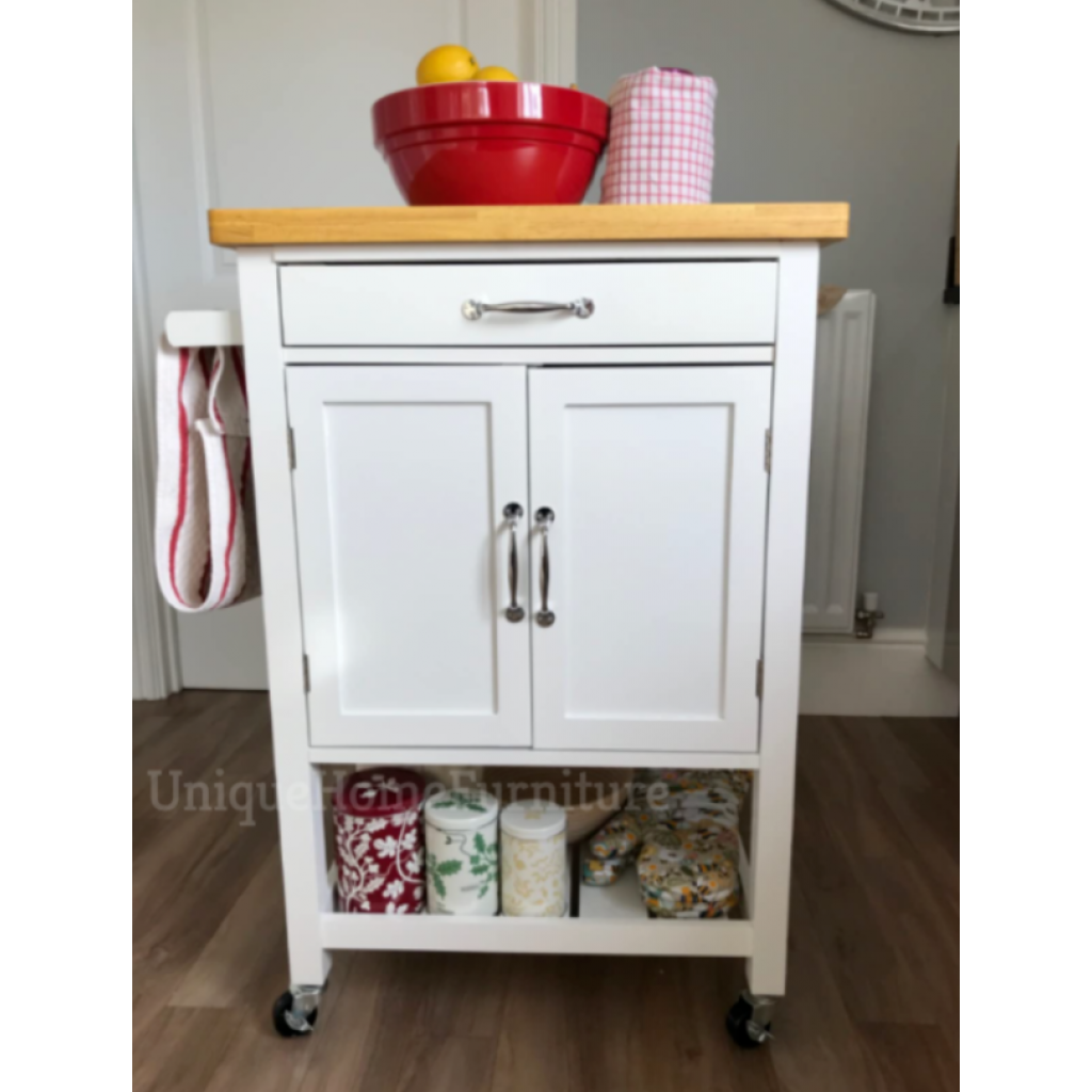 Kitchen Trolley Island Vintage Storage Cart White Wooden Butchers Block ...
