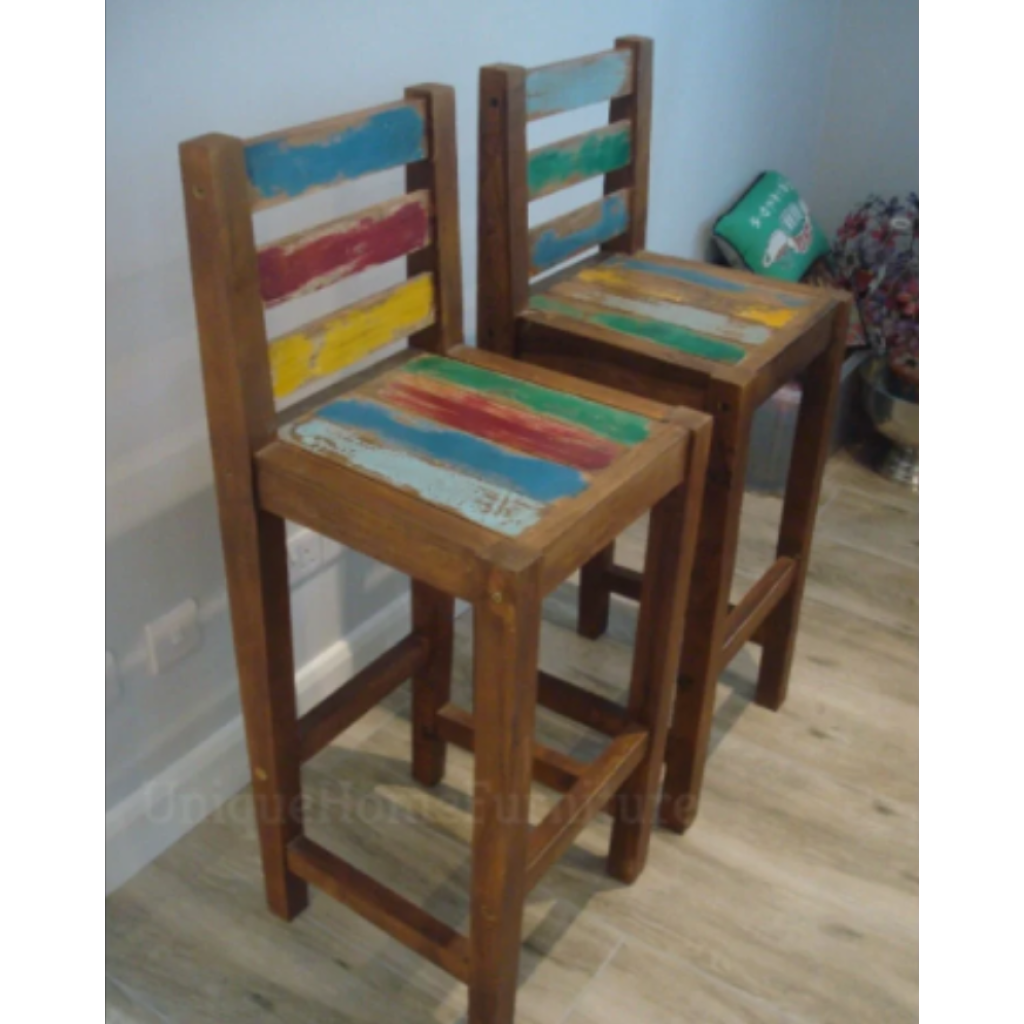 Rustic Bar Stools Solid Wood Dining Set 2 Breakfast Seat Tall Retro Pub ...