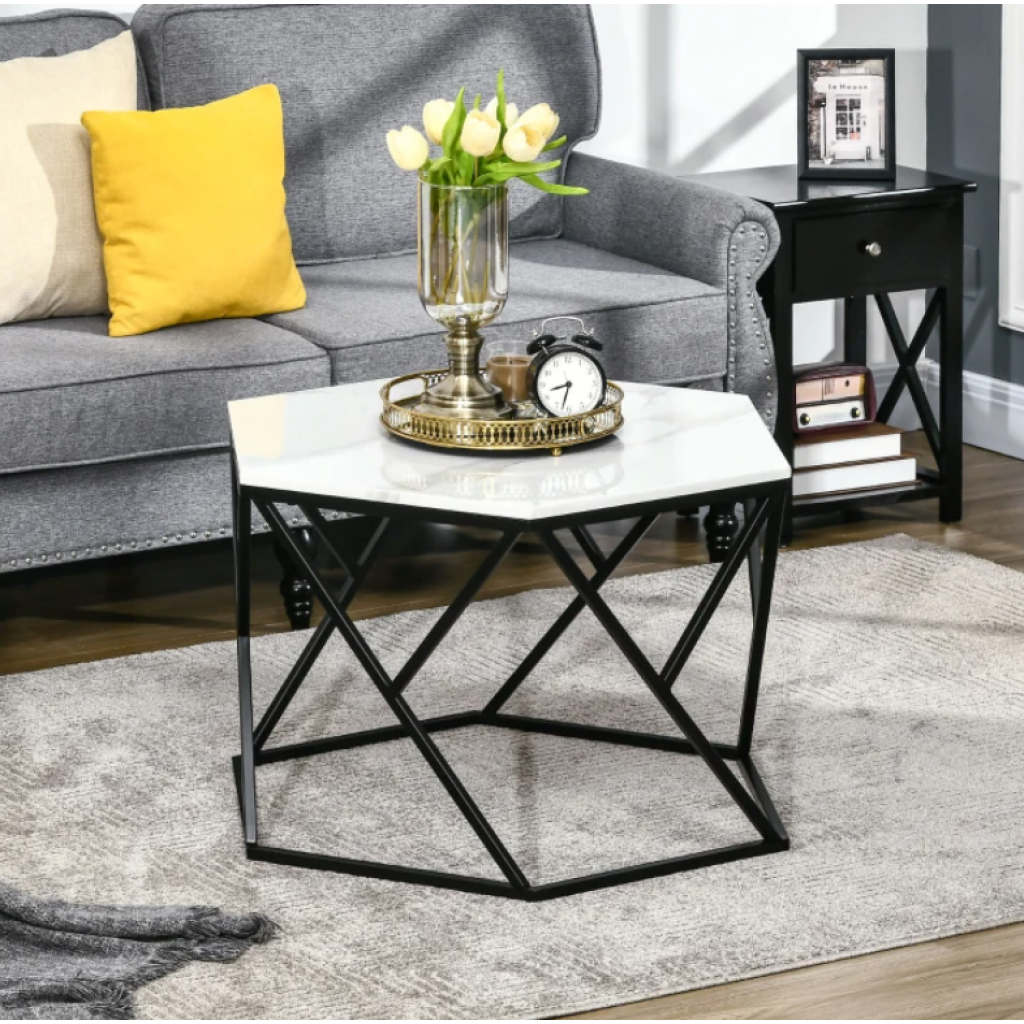 High Gloss Coffee Table Wooden Marble Effect Modern Metal Contemporary ...