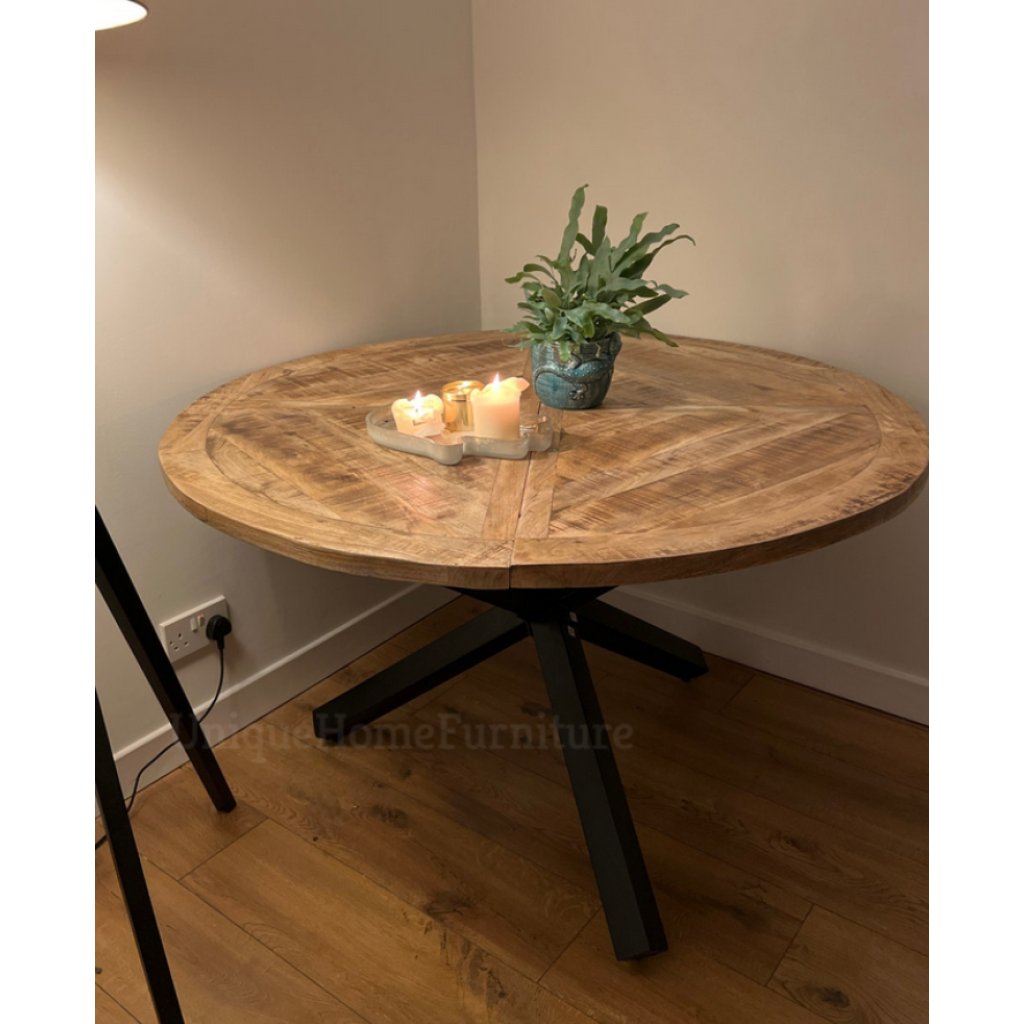 Industrial Dining Table 120cm Vintage Round Rustic Solid Wood Metal ...