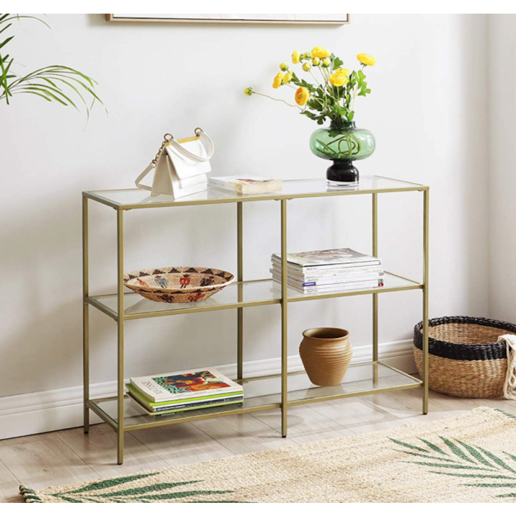 Glass Console Table Modern Gold Shelving Unit Side Metal Hallway ...