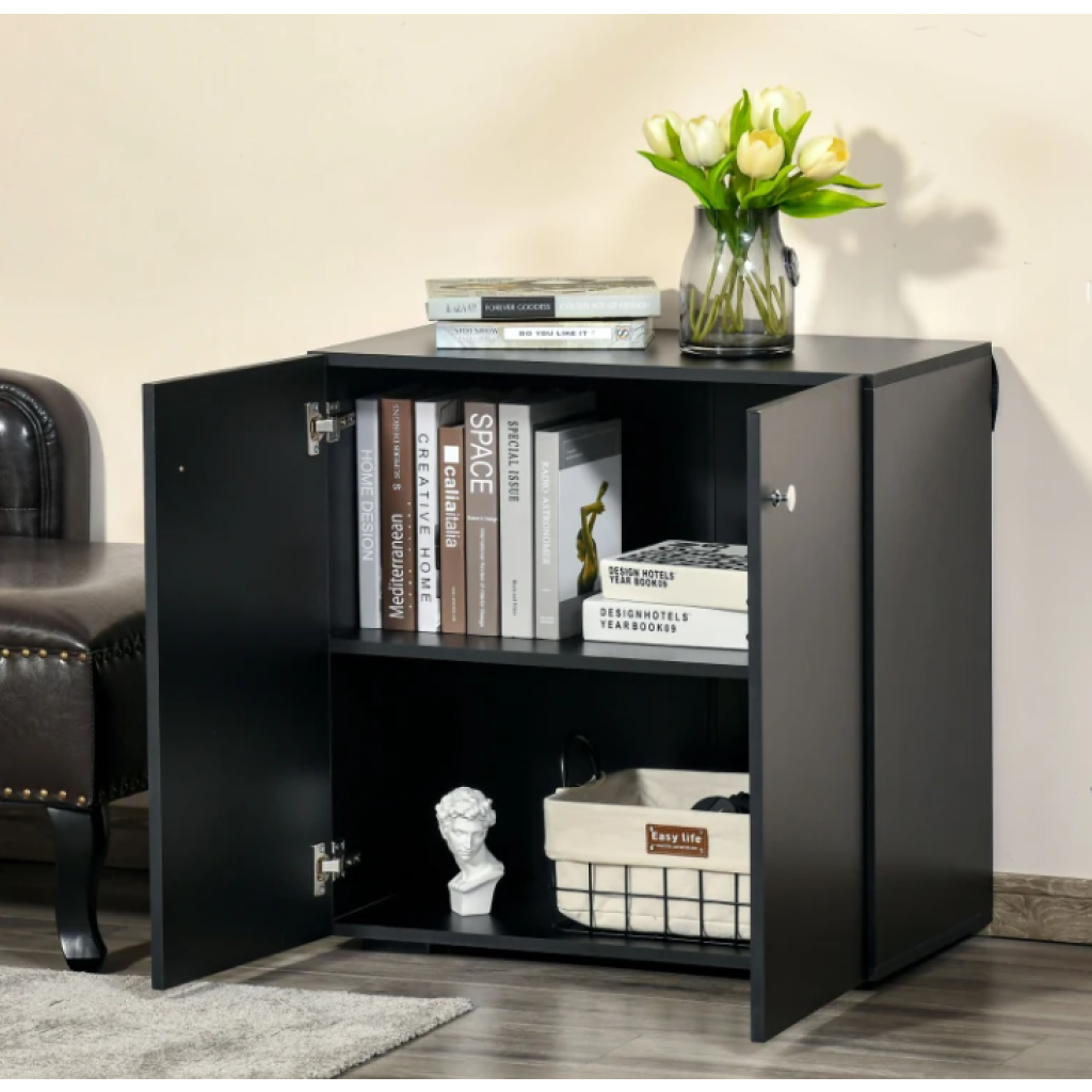 Small Wooden Cupboard Modern Storage Shelf Unit 2 Door Sideboard Black ...