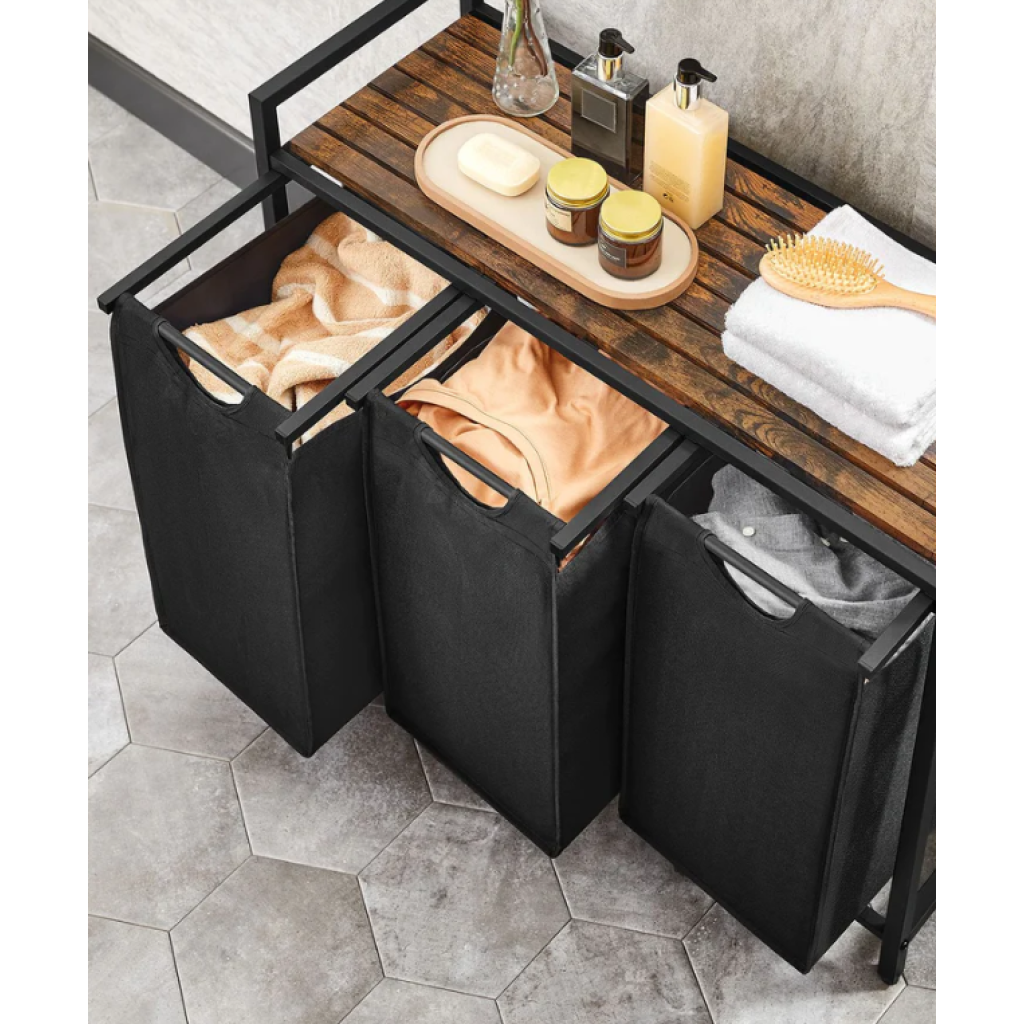 Industrial Laundry Hamper Rustic Storage Cabinet 3 Baskets Bag Lid ...