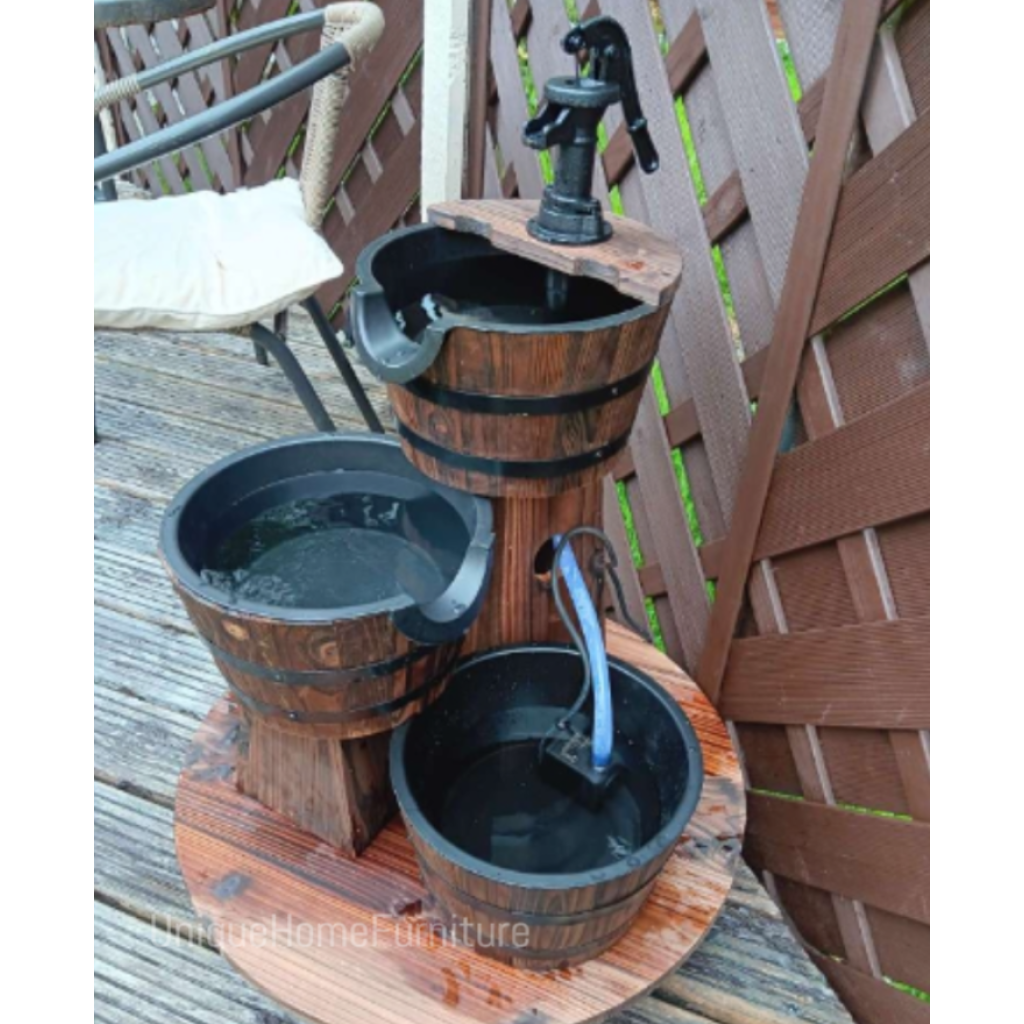 Outdoor Water Pump Large Barrel Fountain Wooden Garden Patio Waterfall ...