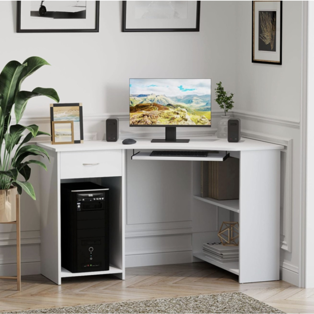 Corner Computer Desk Modern Kids Workstation White Storage Shelf Drawer ...