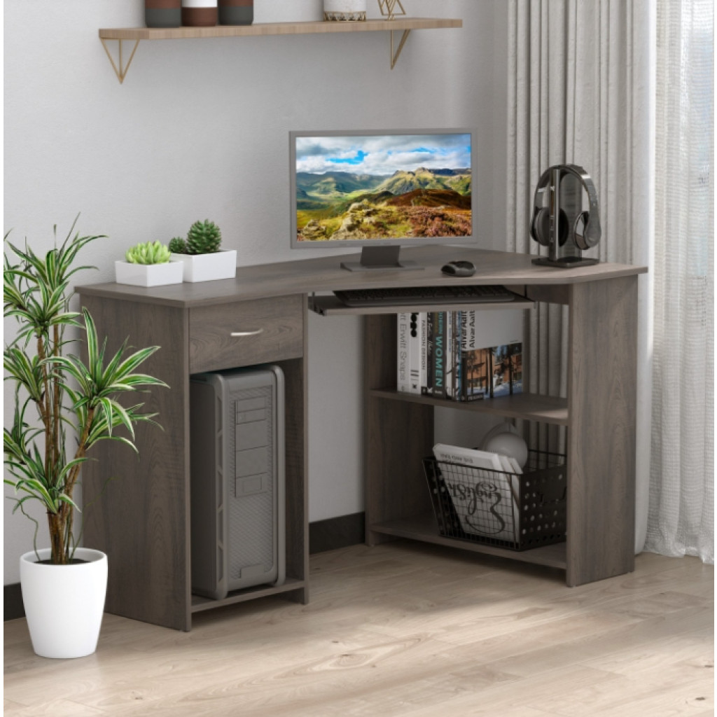 Corner Computer Desk Modern Kids Workstation Grey Storage Shelf Drawer ...