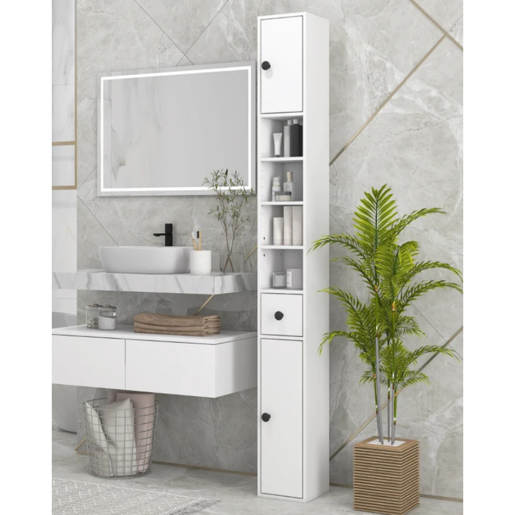 Tall Bathroom Cabinet White Modern Slim Storage Unit Narrow Cupboard ...