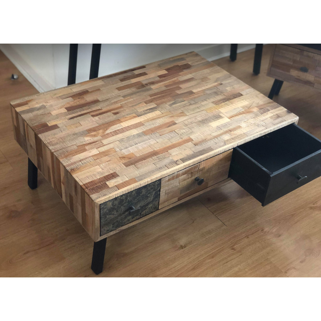 Solid Wood Coffee Table Rustic Teak Wooden Storage 3 Drawers Large ...