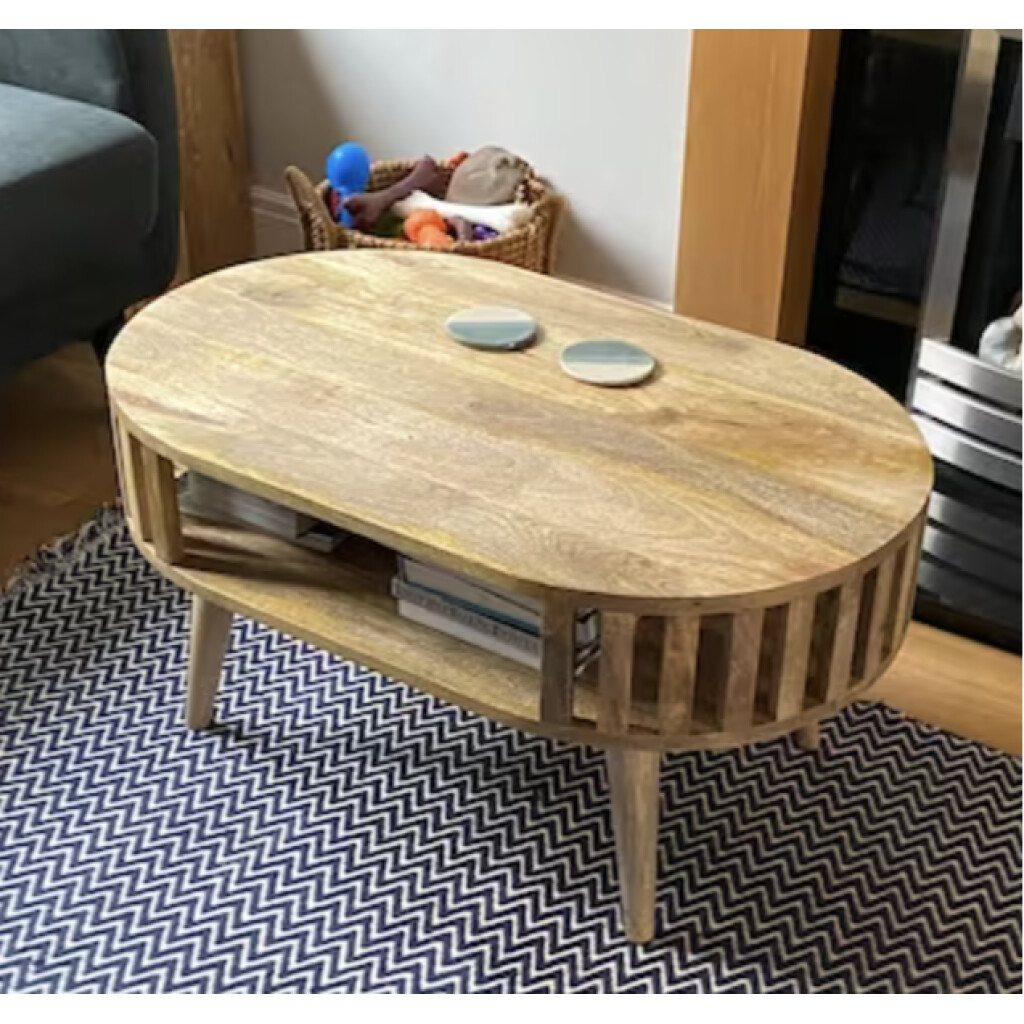 Nordic Coffee Table Slat Storage Shelf Vintage Scandinavian Round ...